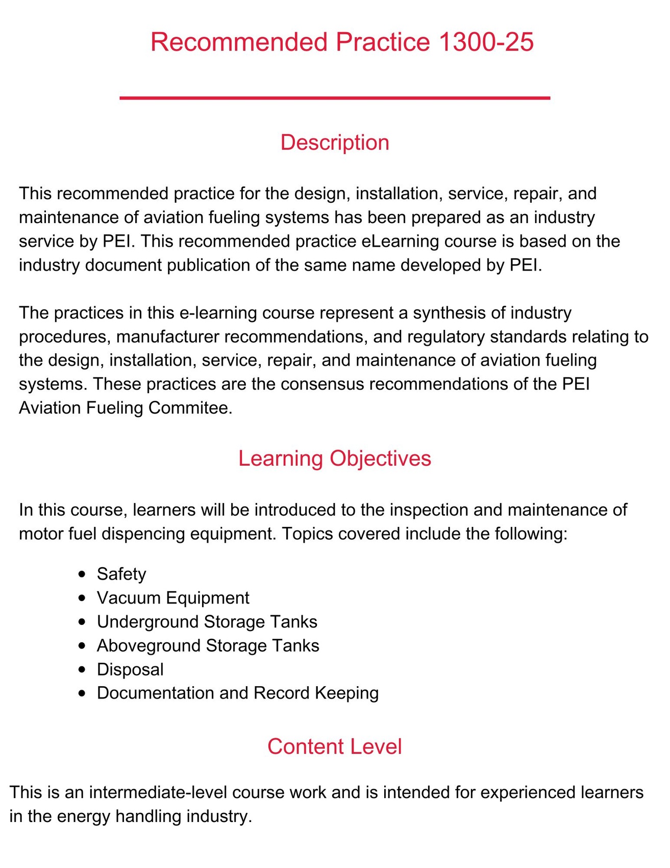 Recommended Practice 1300-25 | PEI